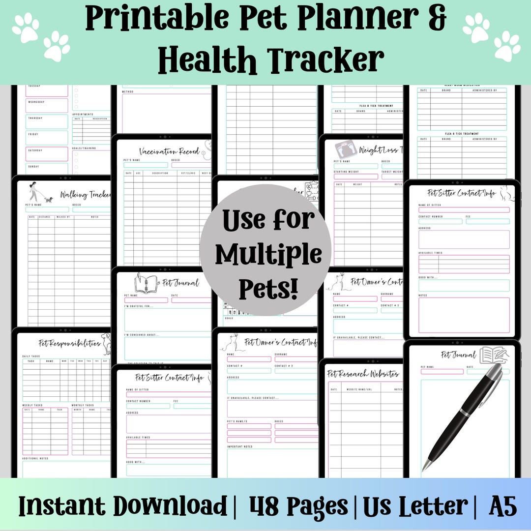 Printable Pet Health Tracker, Printable Tracker, Pet Journal, Pet ...