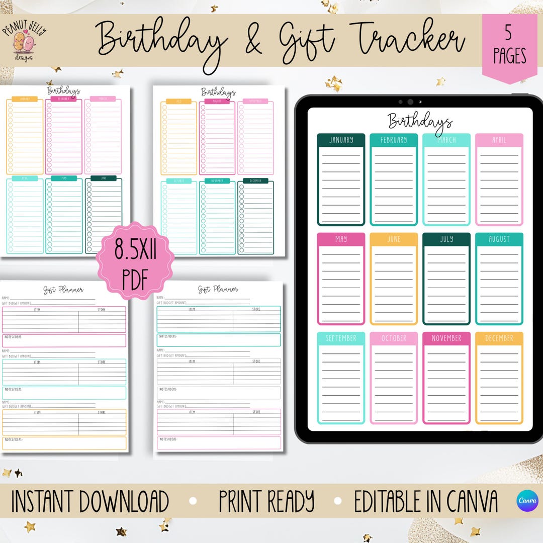 Birthday Tracker, Printable Gift Tracker, Birthday List PDF, Monthly ...