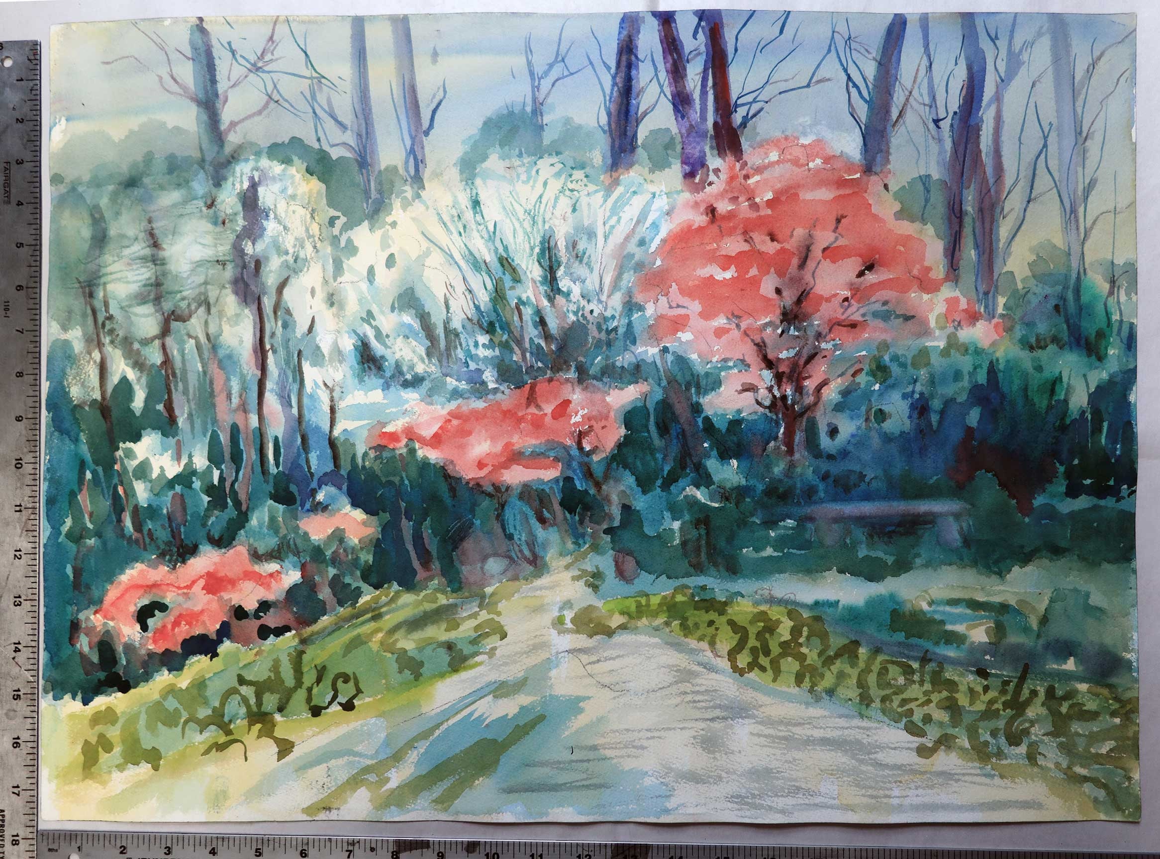 Large Original Mid-century Watercolor blooming Trees 18 X 24 Colorful ...