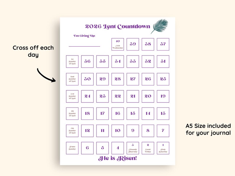 Lent Tracker 2026 Lent Countdown Guide 40 Day Lenten Calendar Adult ...