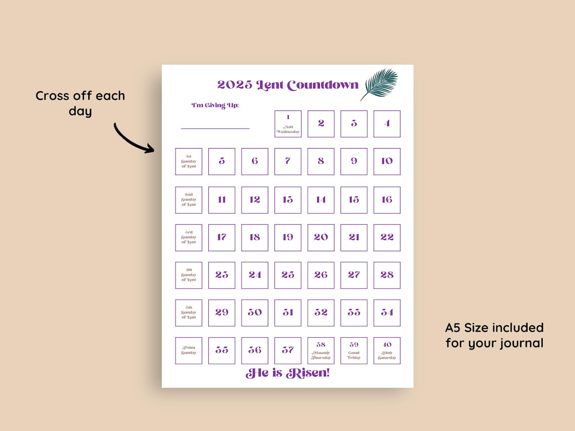 Lent Tracker 2025, Lent Countdown Guide, 40 Day Lenten Calendar, Adult ...