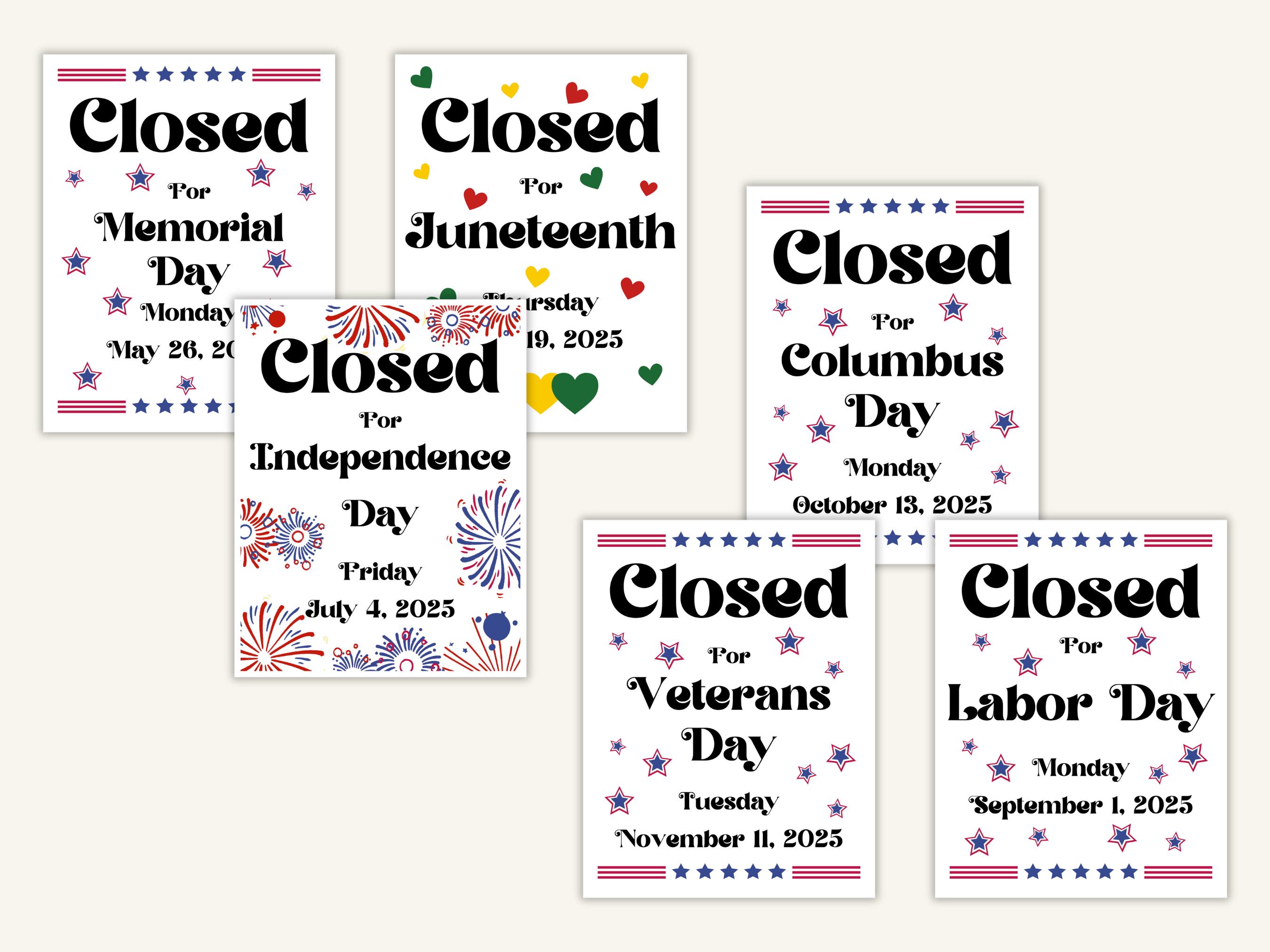 2025 Holiday Closed Signs Business Closed Signs Major Holiday Closed ...