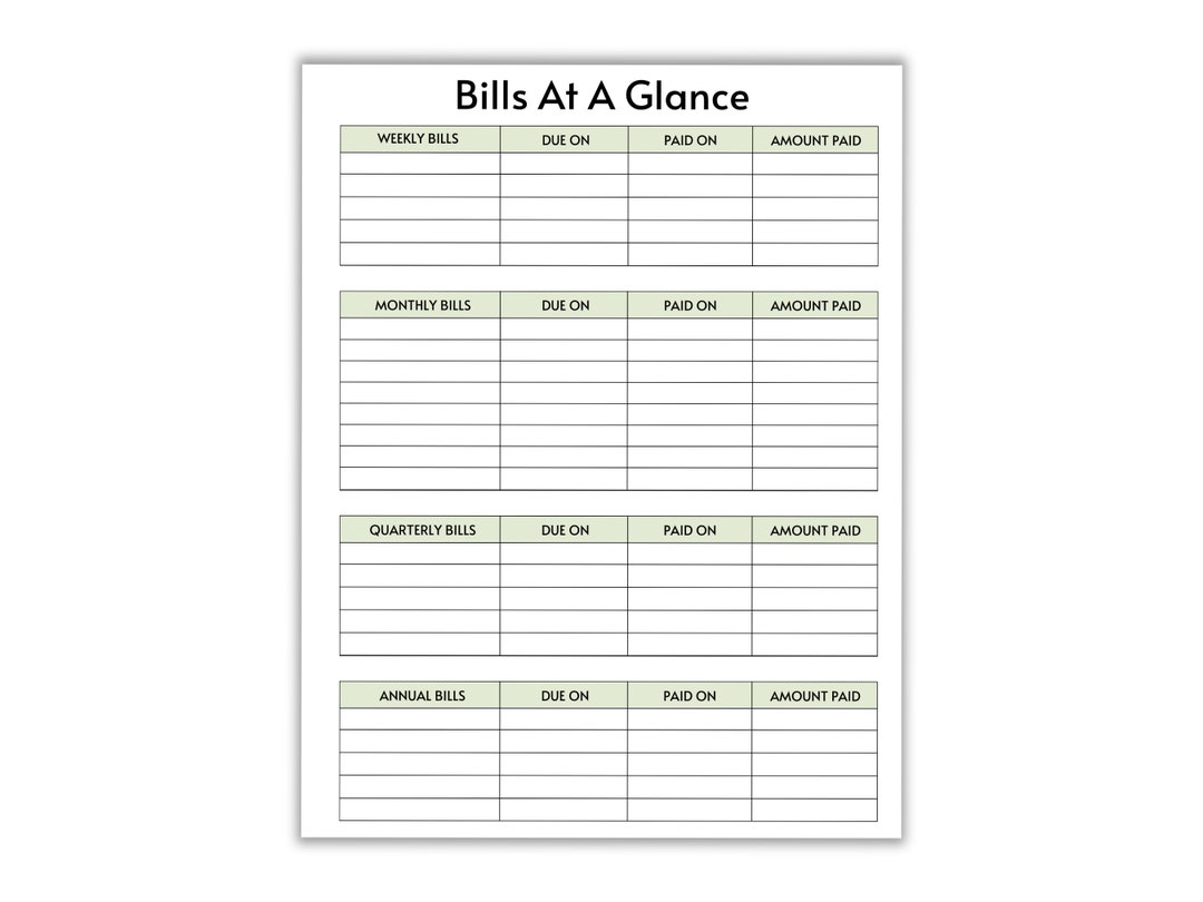 Bill Tracker Printable, Weekly Monthly Quarterly and Yearly Bill ...