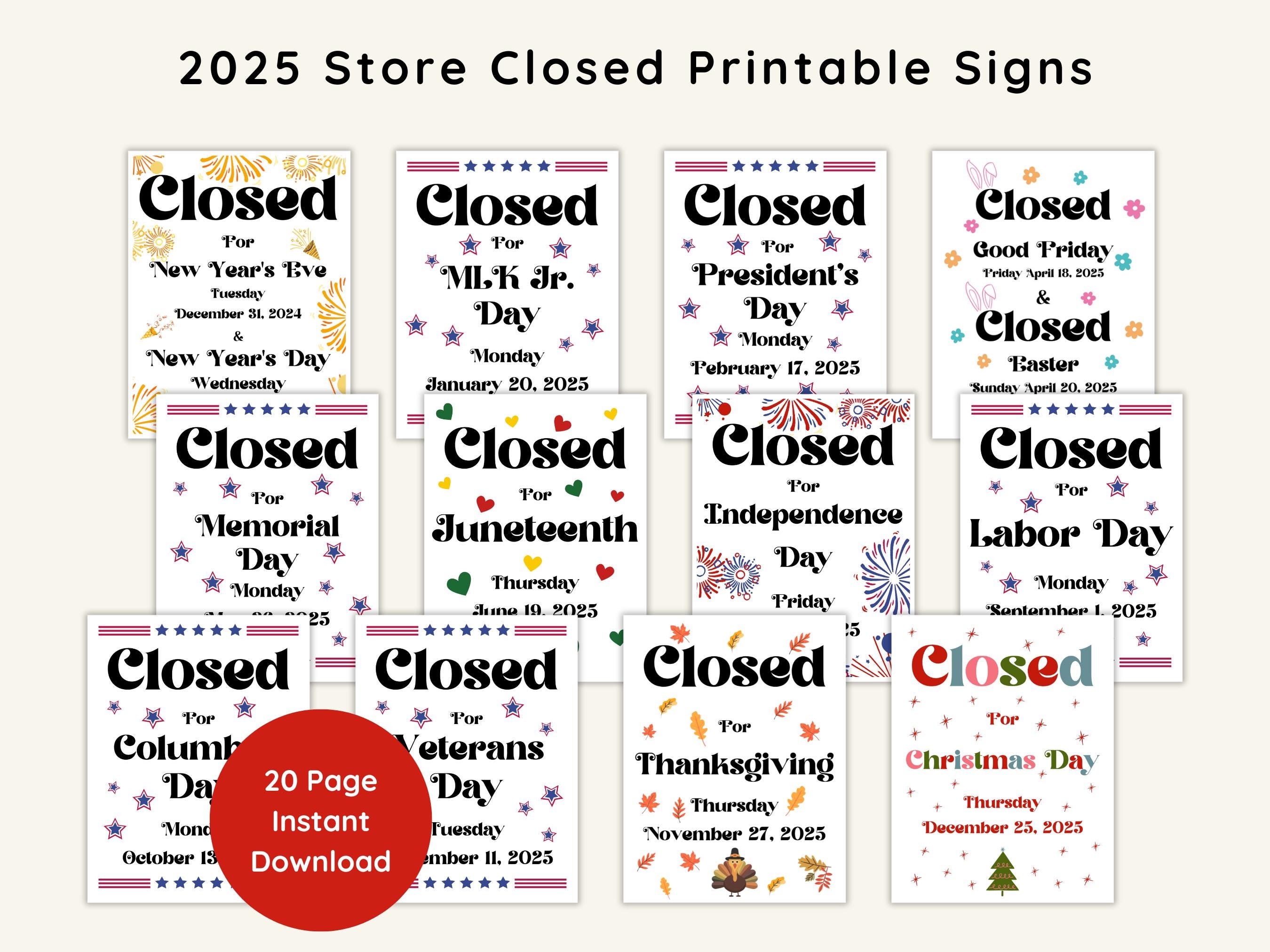 2025 Holiday Closed Signs Business Closed Signs Major Holiday Closed ...