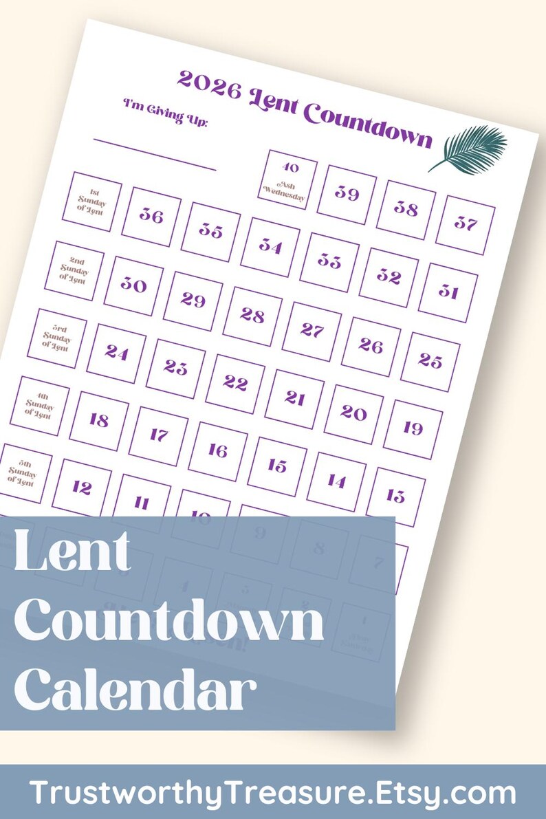 Lent Tracker 2026 Lent Countdown Guide 40 Day Lenten Calendar Adult ...