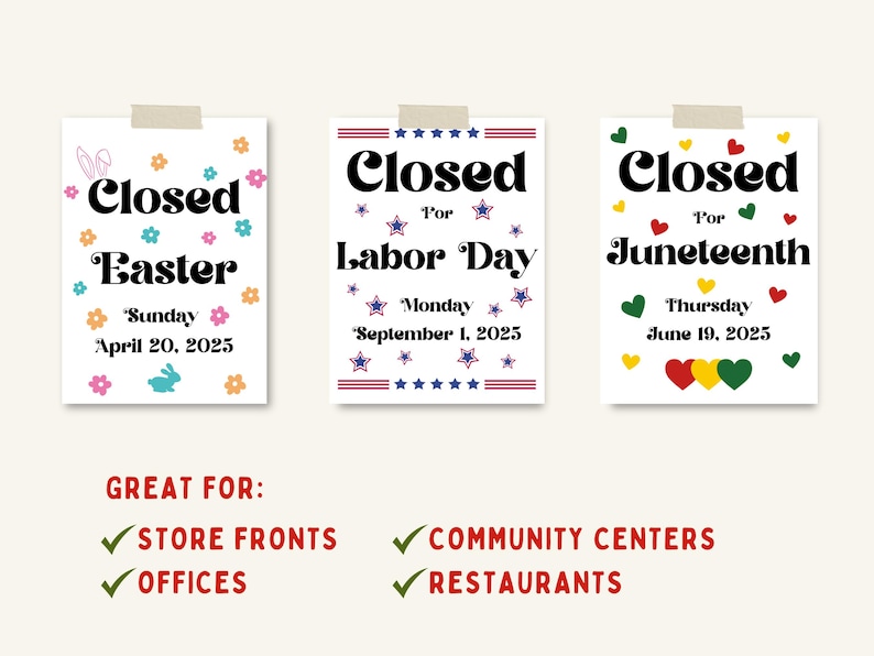 2025 Holiday Closed Signs Business Closed Signs Major Holiday Closed ...