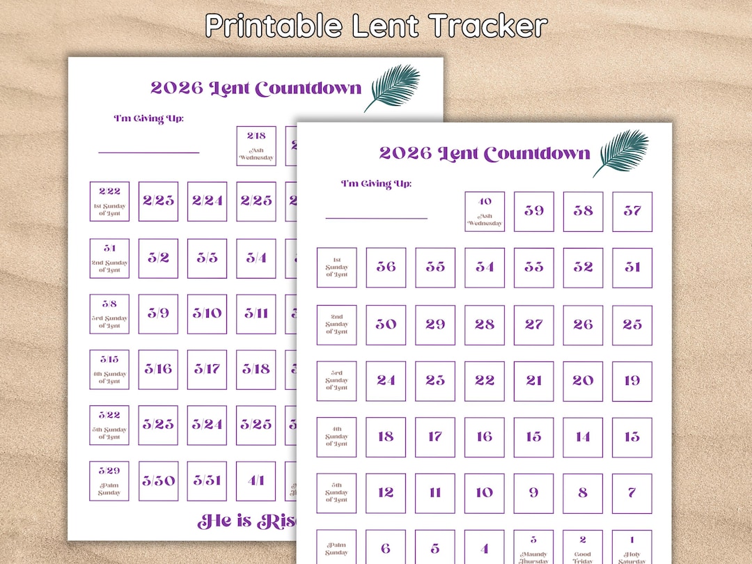 Lent Tracker 2026 Lent Countdown Guide 40 Day Lenten Calendar Adult ...