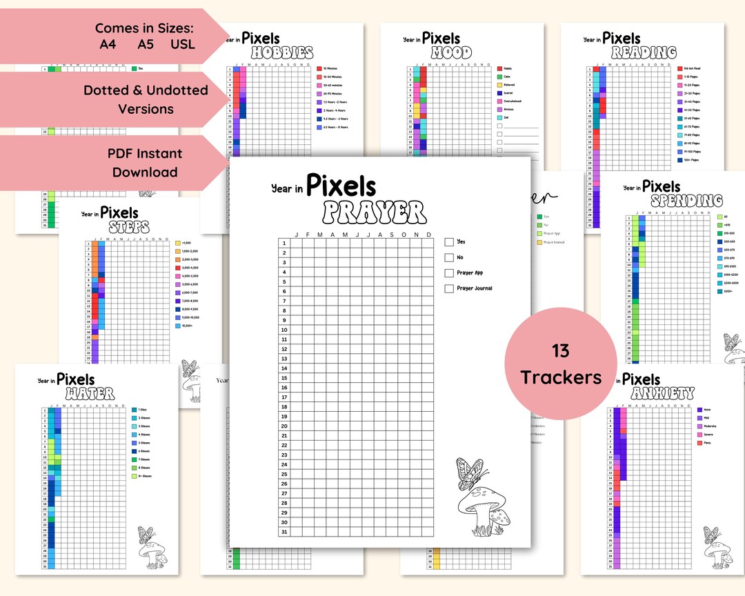 Year in Pixels Tracker Bundle Year at a Glance A5 Planner Insert Rate ...