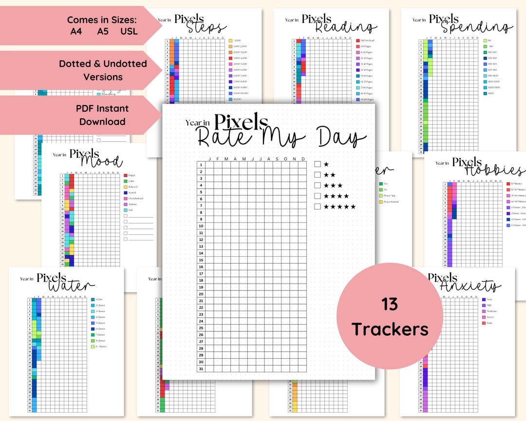 Year in Pixels Tracker Planner Insert Year at a Glance Mood Tracker A5 ...
