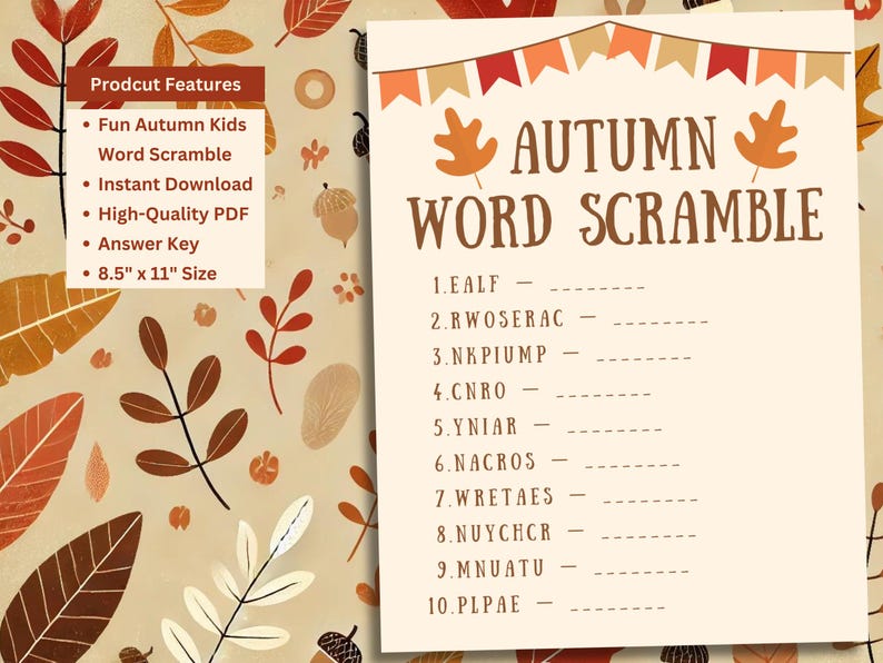 Autumn Word Scramble Printable for Kids Fun Fall Activity Sheet Easy ...