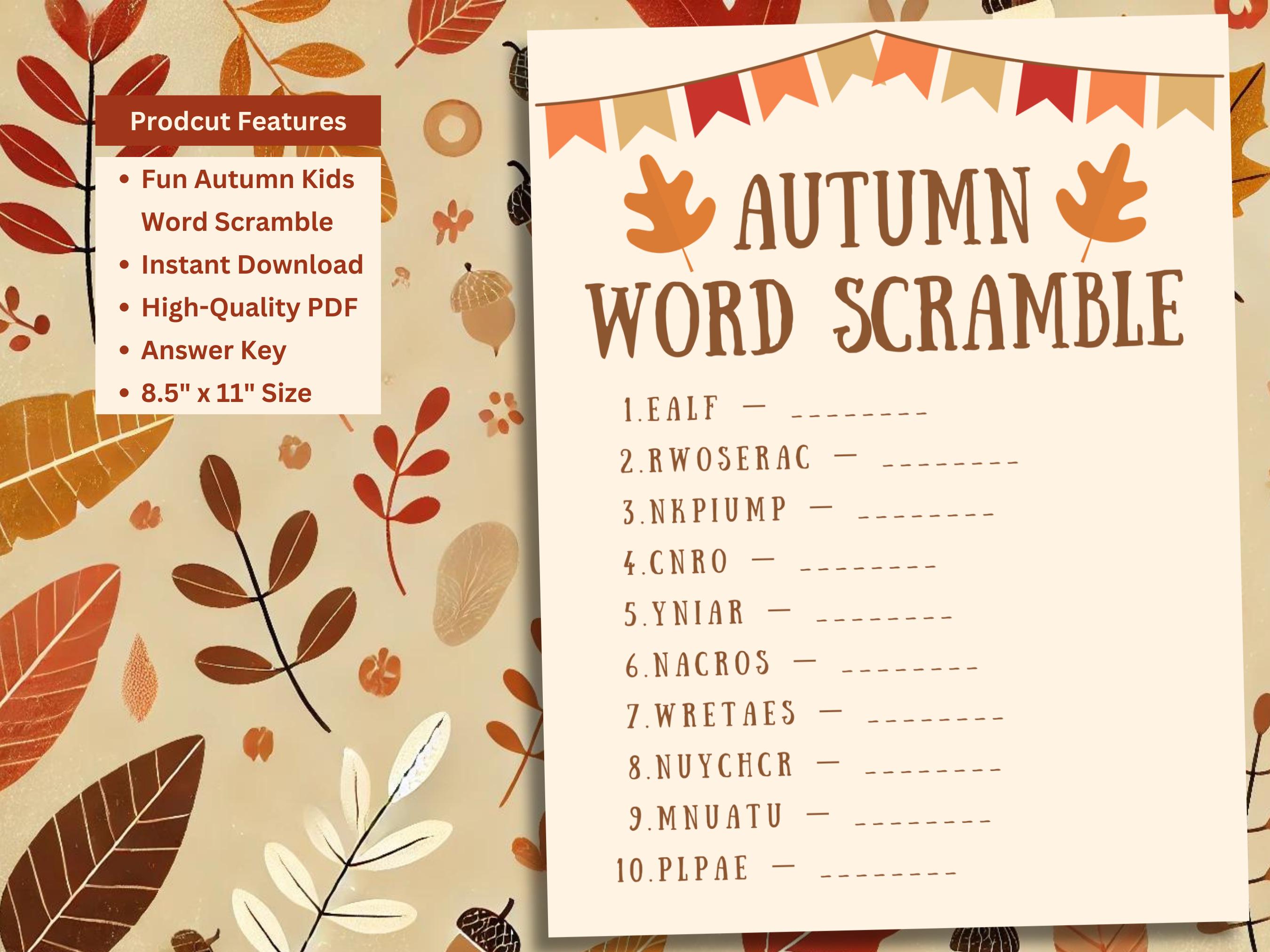 Autumn Word Scramble Printable for Kids Fun Fall Activity Sheet Easy ...