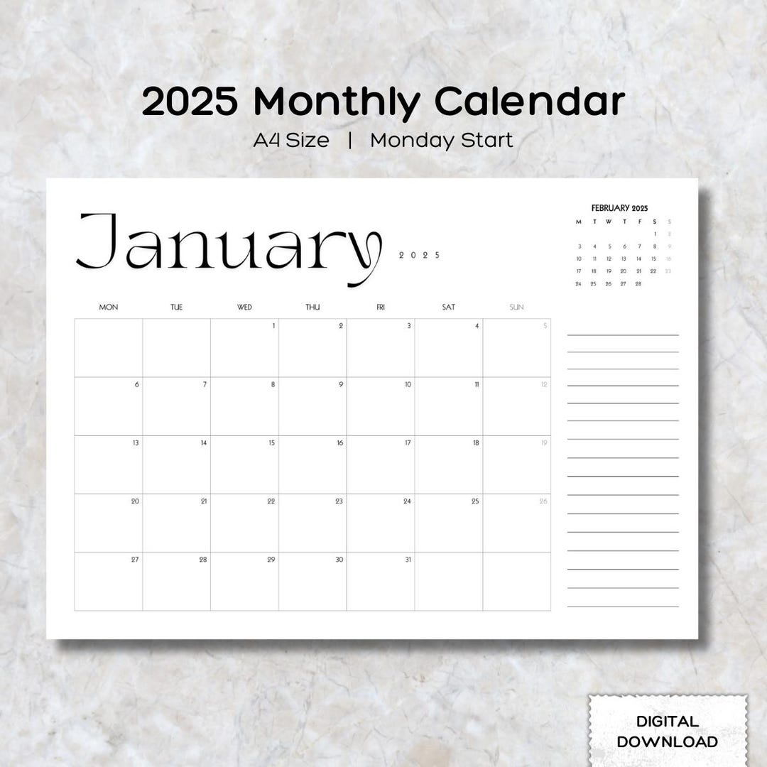 Monday Start Printable 2025 Monthly Calendar A4 Minimalist Aesthetic ...