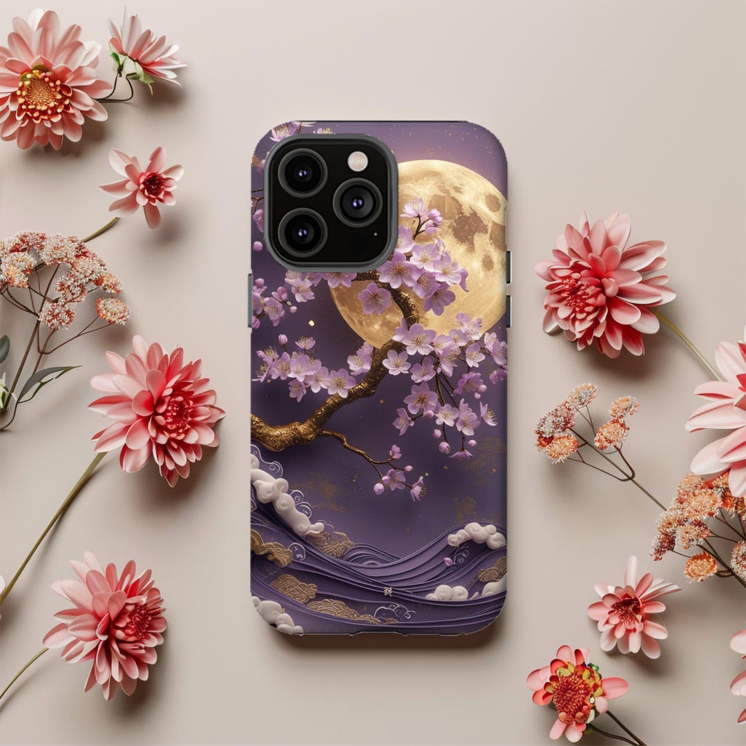 Japanese Cherry Blossom Full Moon Phone Case - Aesthetic Sakura & Ocean ...