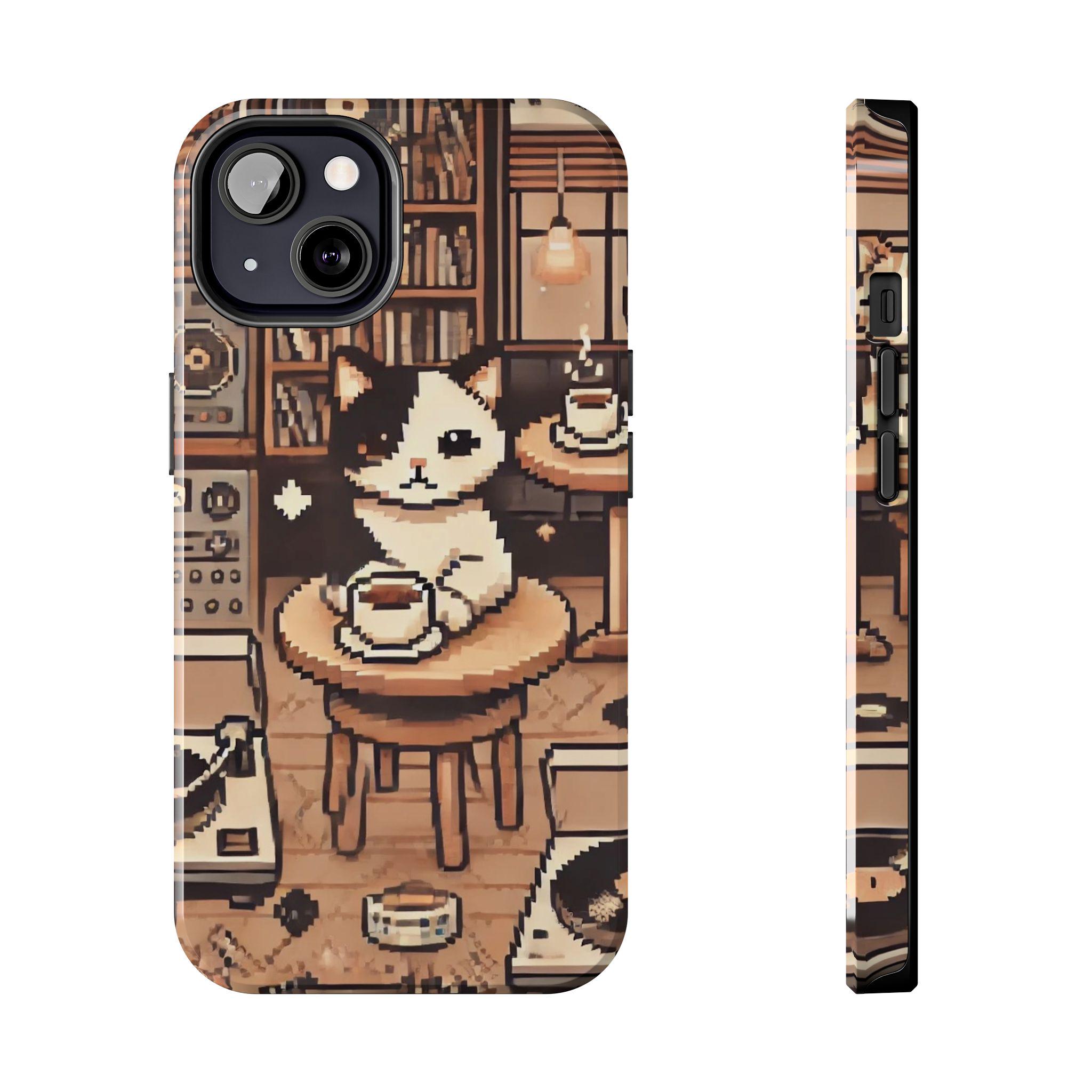 Cute Pixel Art Cat iPhone Case Retro Coffee Shop Aesthetic, Kawaii Cat ...