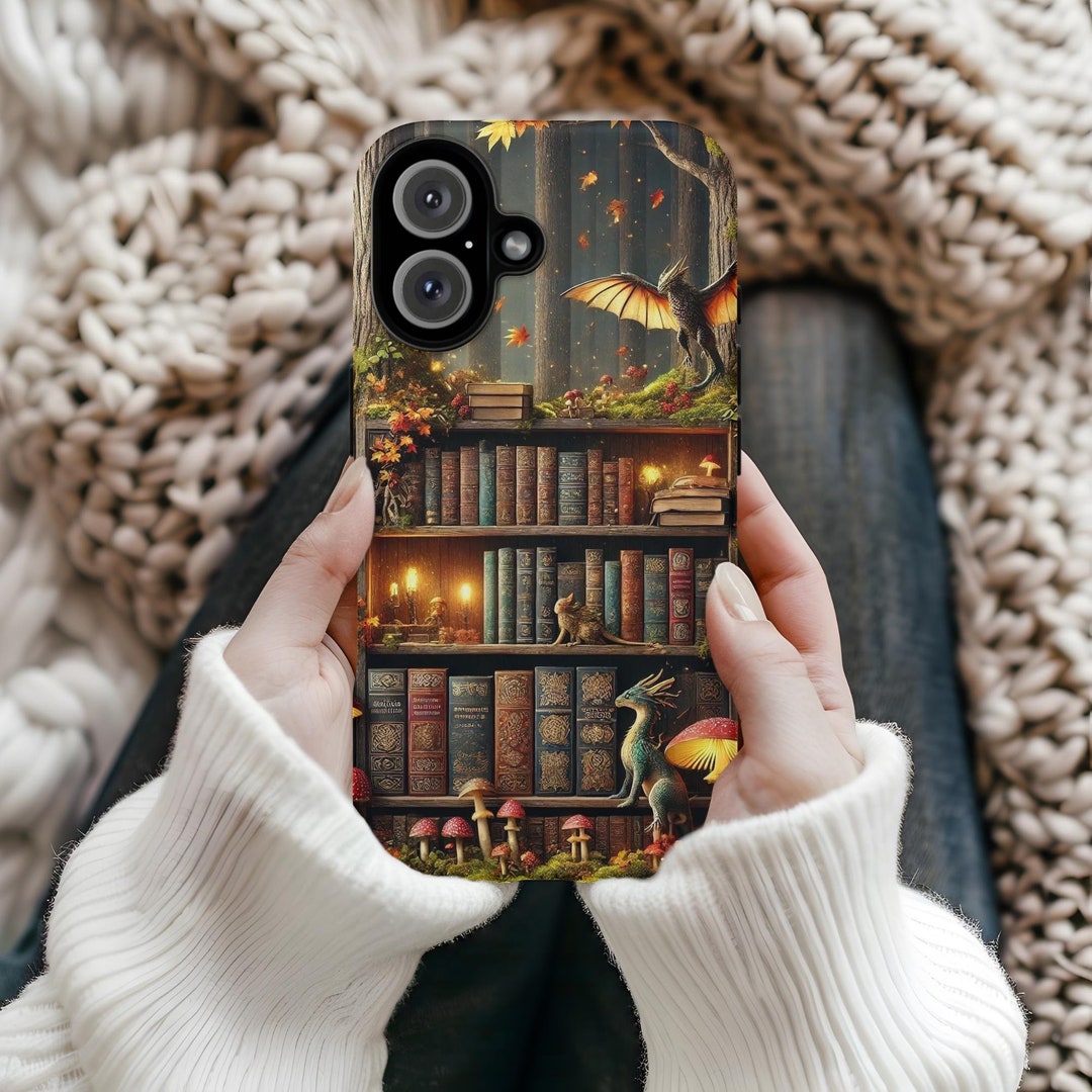 Fantasy Bookshelf Phone Case: Mystical Dragon Forest Design - Etsy