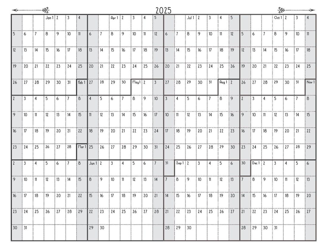 2025 Calendar Tracking Sheet / Sunday Weeks (landscape) - Download - Etsy
