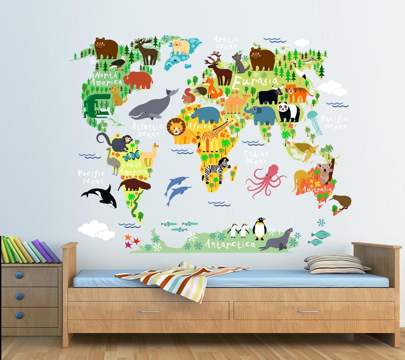 Animal World Map Decal, Peel and Stick Map Decal, World Map Wall Mural ...
