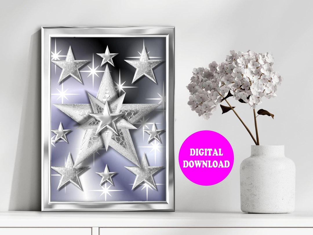 Silver Stars. Beautiful Digital Wall Art of Silver Stars on a Blue and ...