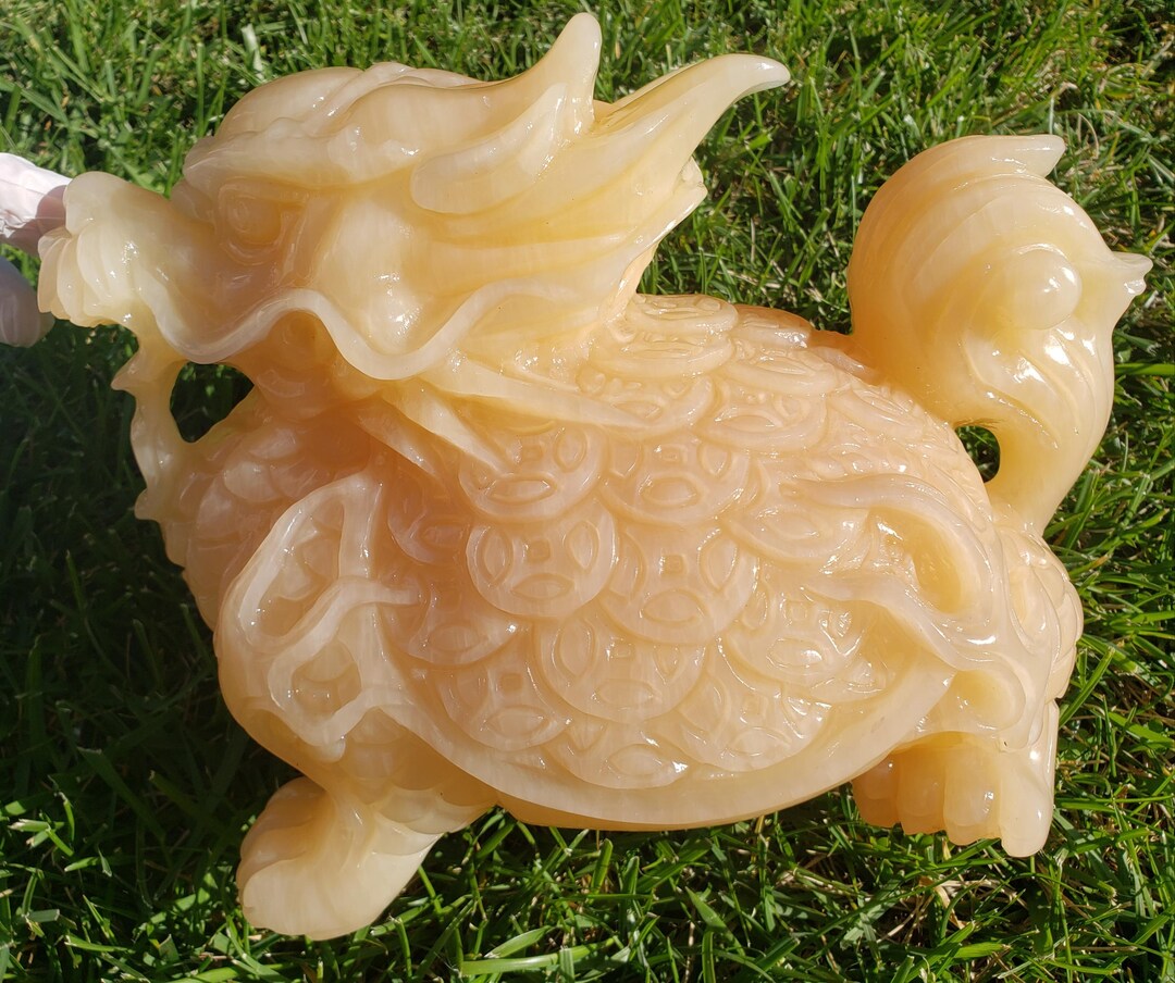 Fire Dragon Turtle Tortoise Natural Yellow Jade Feng Shui Hand Carving ...