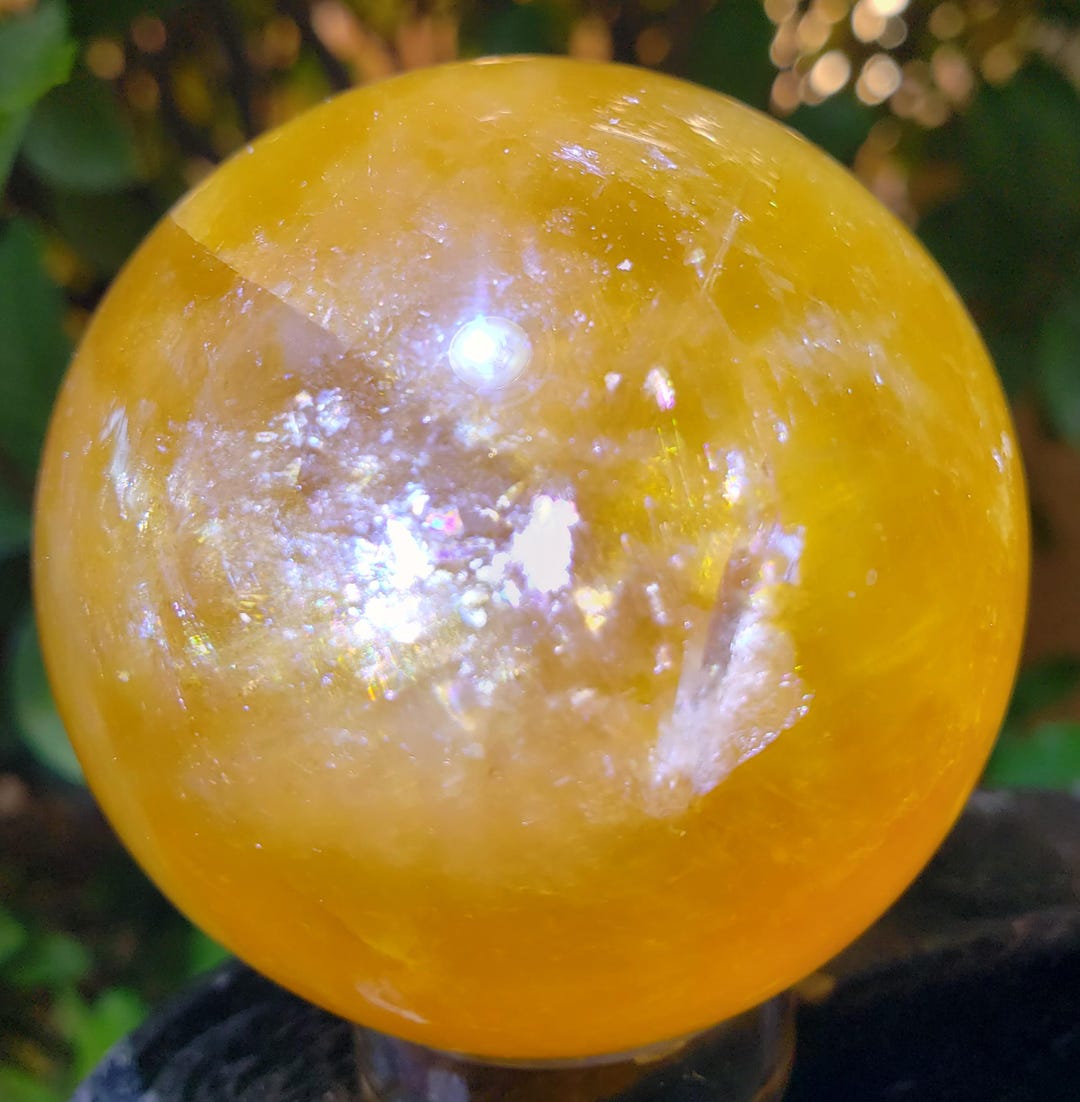 2.3" Honey Yellow Calcite Quartz Crystal Sphere Ball Orb Rainbows Star ...