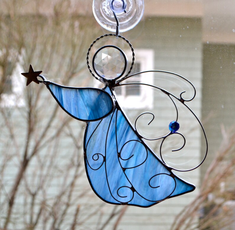 Guardian Angel Blue or Iridescent White Stained Glass Angel Suncatcher ...
