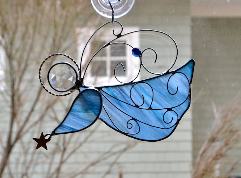 Guardian Angel Blue or Iridescent White Stained Glass Angel Suncatcher ...