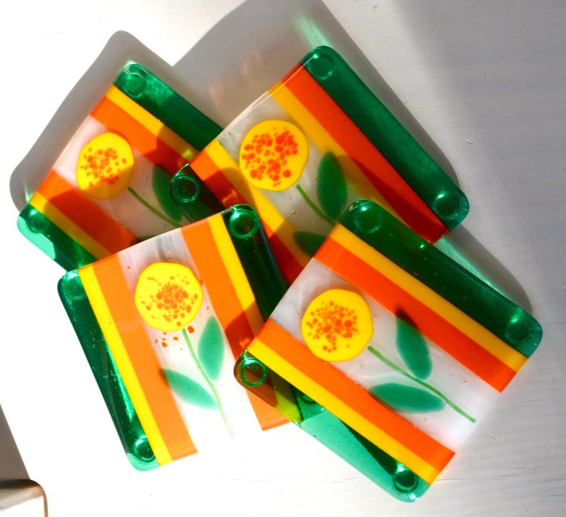 Sunshine Bloom Fused Glass Flower Coasters Spring Renewal Joy - Etsy