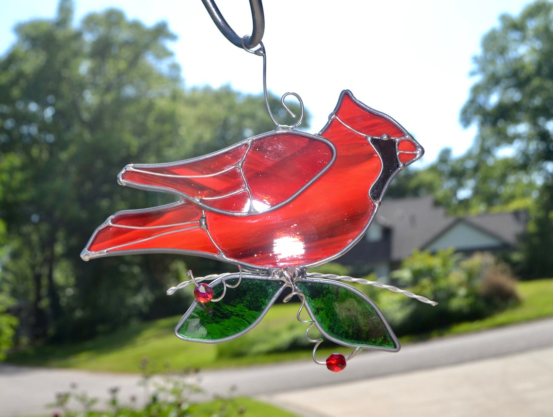 Bright Red Cardinal Stained Glass Suncatcher Father's Day | Etsy