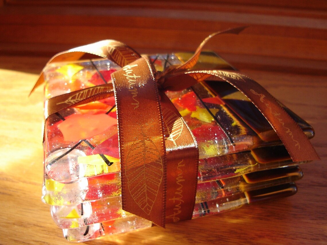 Falling Leaves Fused Glass Coasters - Etsy