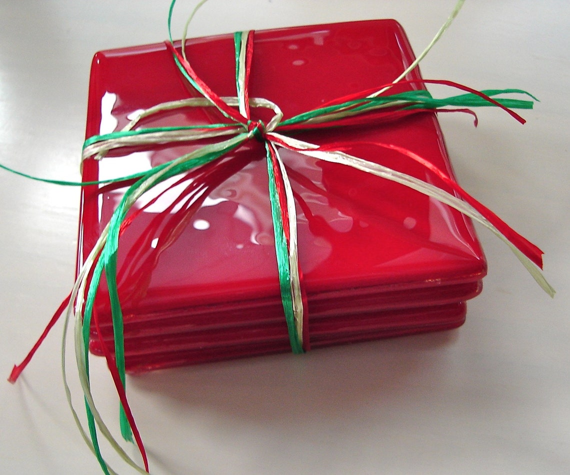 Simply Red Fused Glass Coasters Christmas Wedding Housewarming Birthday ...