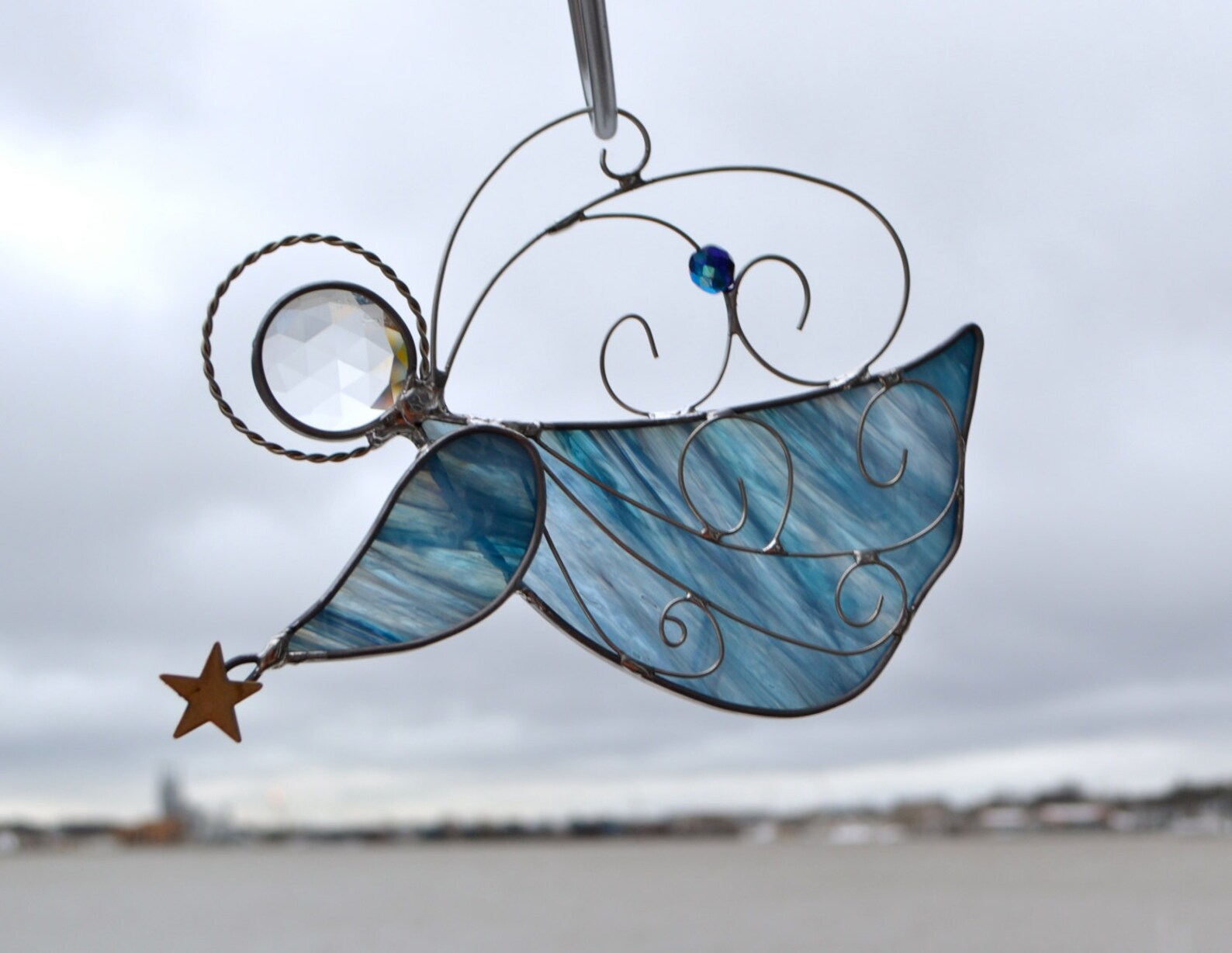 Guardian Angel Blue or Iridescent White Stained Glass Angel Suncatcher ...