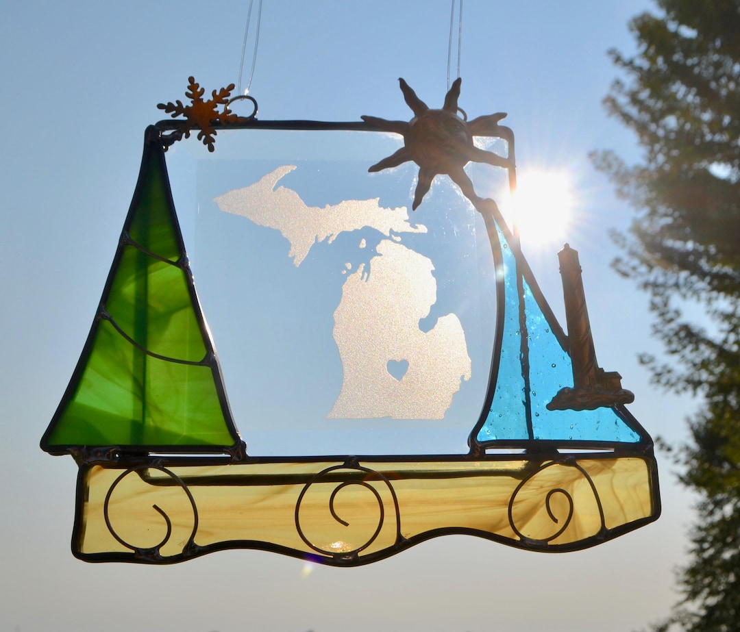 I Love Michigan Stained Glass Suncatcher Great Lakes Upper Pennisular ...