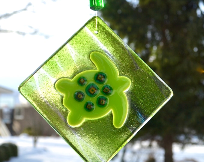 Sea Turtle Fused Glass Suncatcher Shimmering Greenteacher Gift BFF Free ...