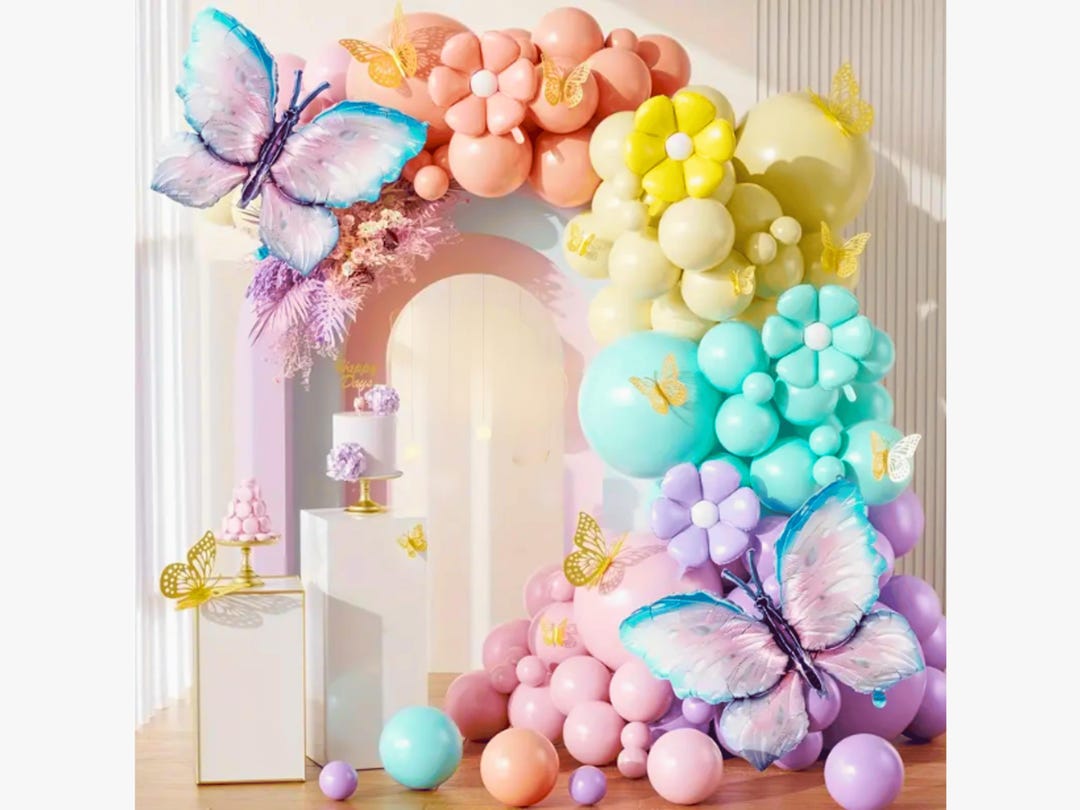 Butterfly Balloon Arch Pastel Rainbow Butterfly Theme Balloon Garland ...