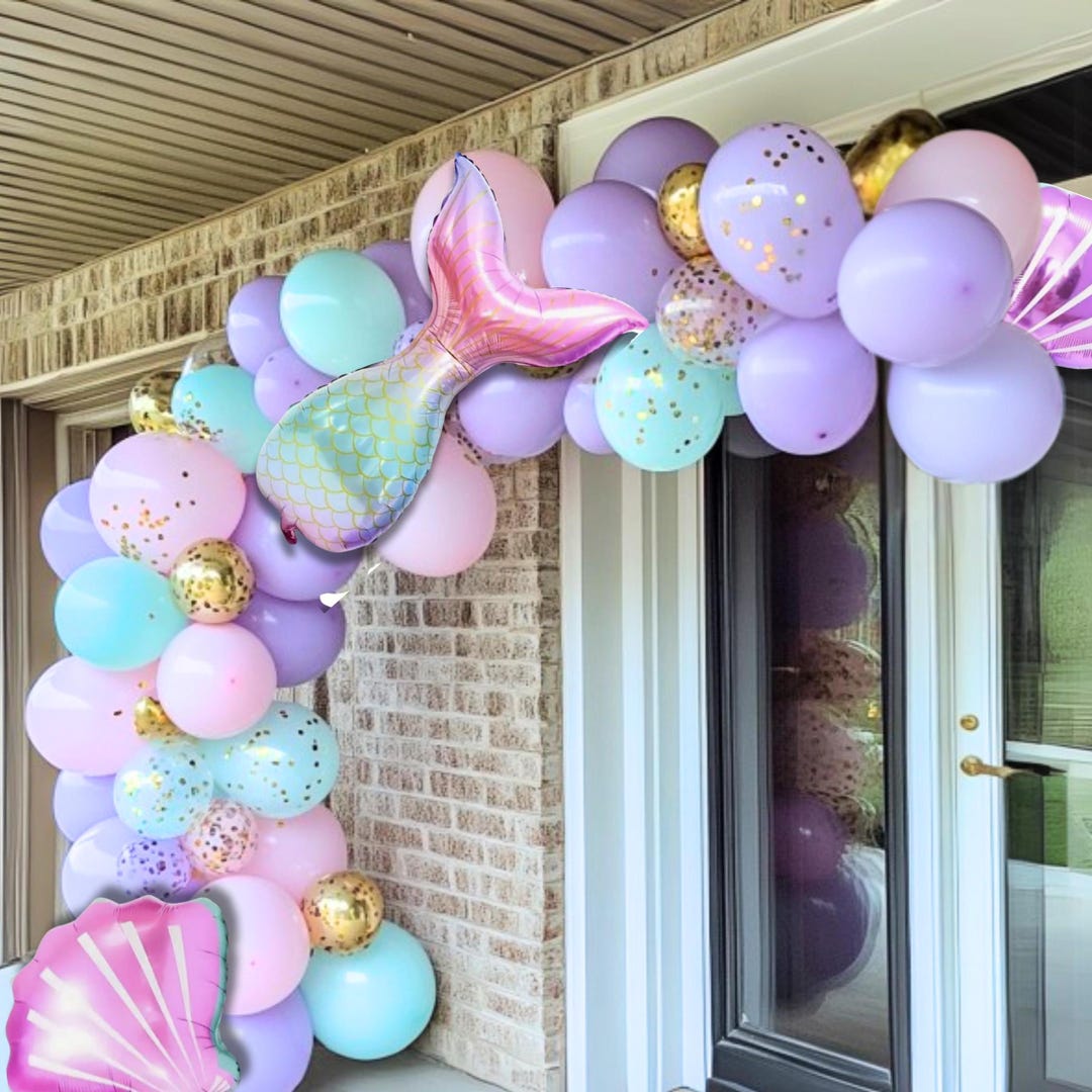 Mermaid Balloon Arch Purple Pink Foil Mermaid Tail Decor Seaside Party ...