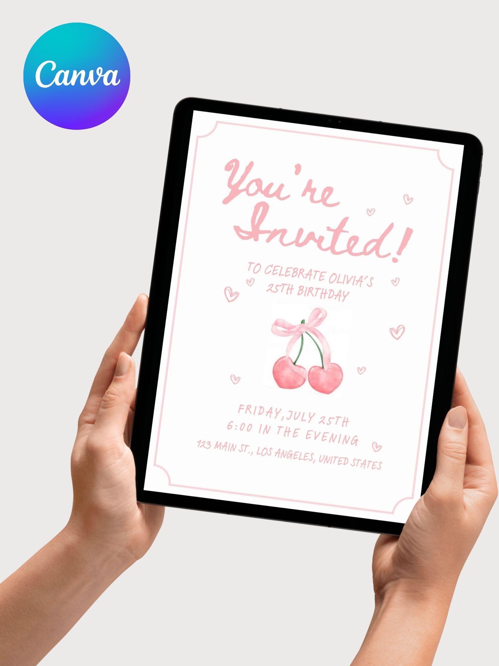 Editable Cherries and Bows Invitation for Birthday Party, Baby Shower ...