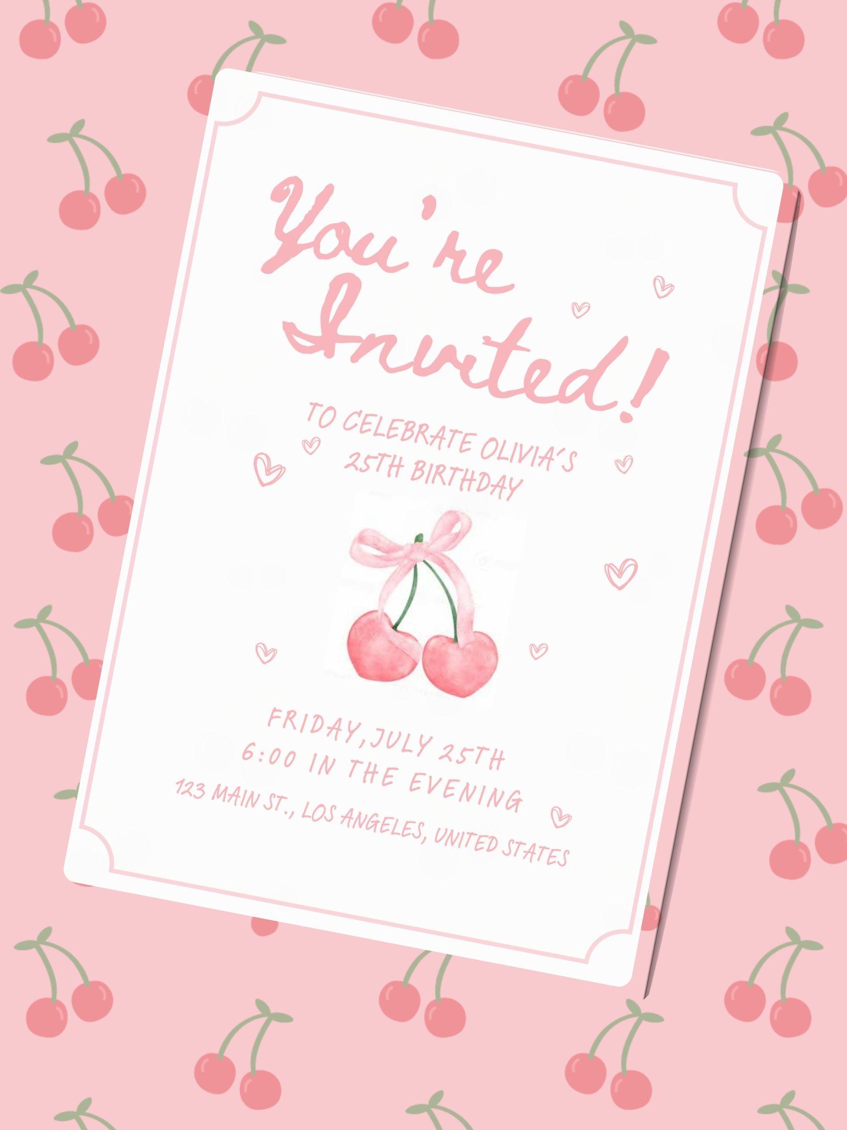 Editable Cherries and Bows Invitation for Birthday Party, Baby Shower ...