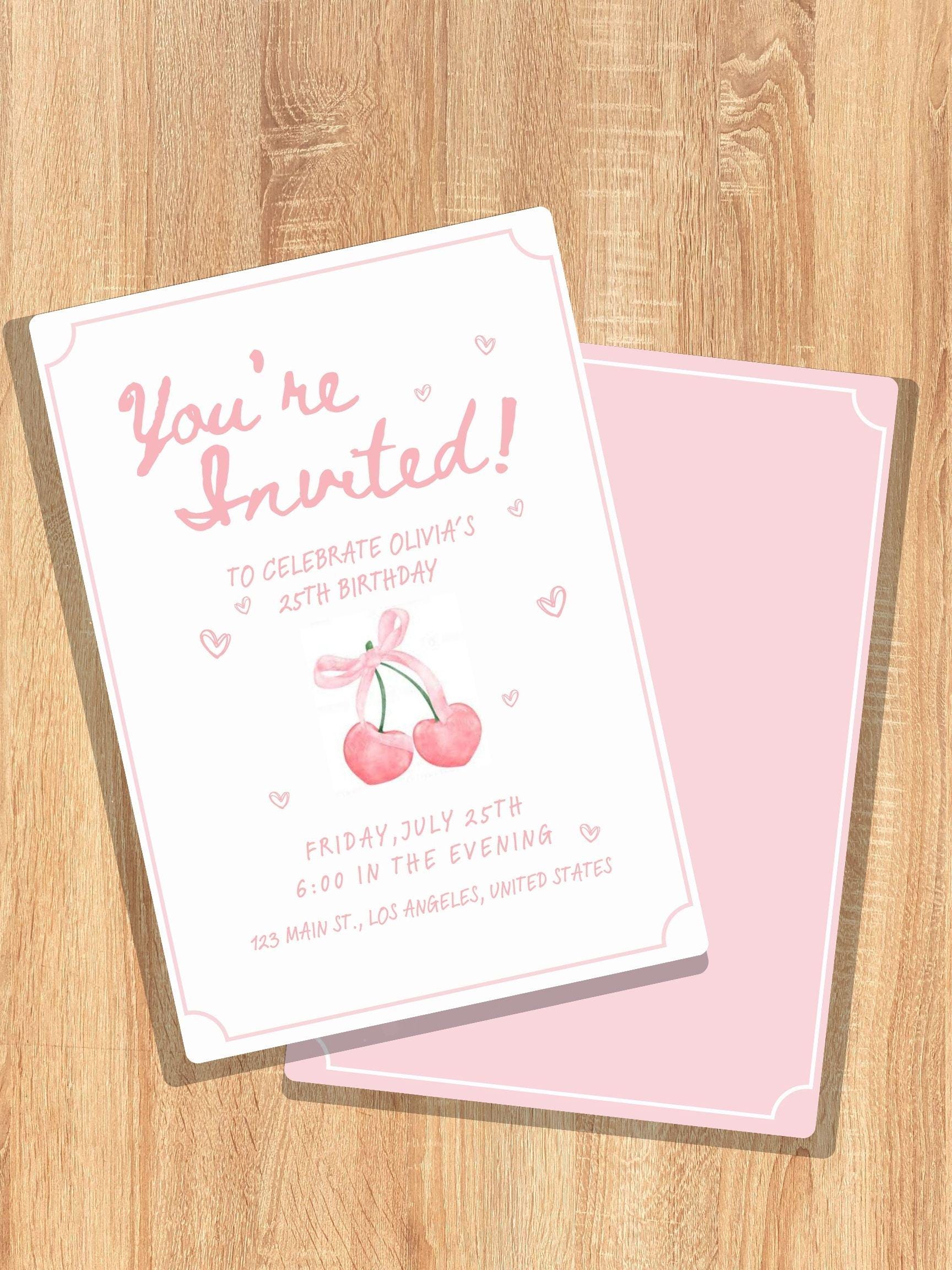 Editable Cherries and Bows Invitation for Birthday Party, Baby Shower ...