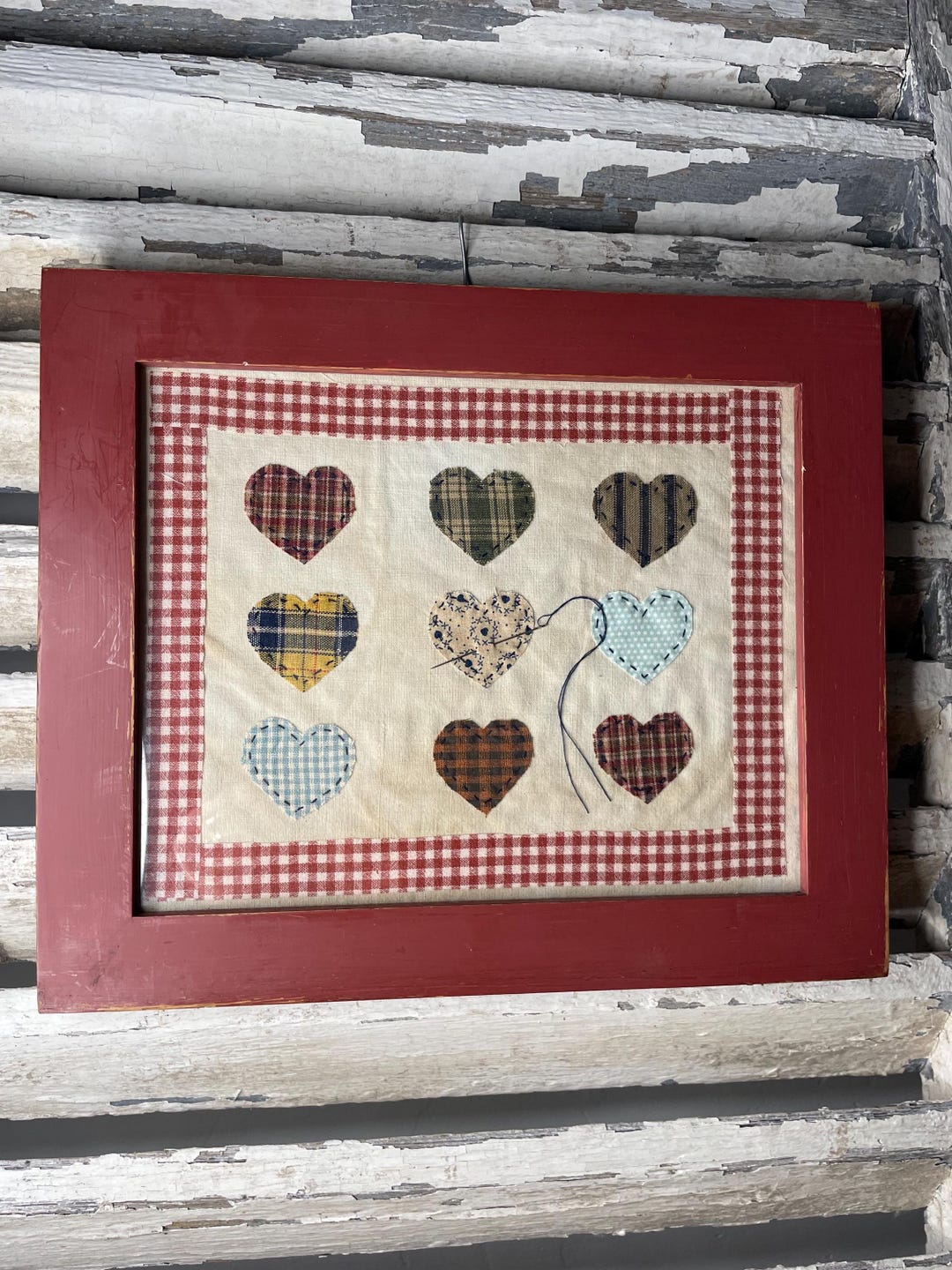 Primitive Hand Stitched Heart Picture, Framed. handmade stitchery ...