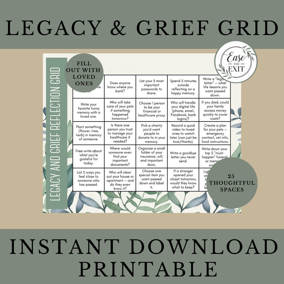 Legacy and Grief Reflection Grid | Printable End of Life Planning ...