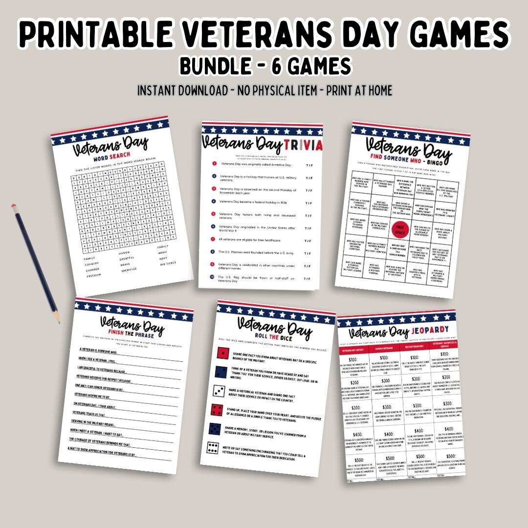 Veterans Day Game Bundle | Printable Veterans Day Military | Veteran ...