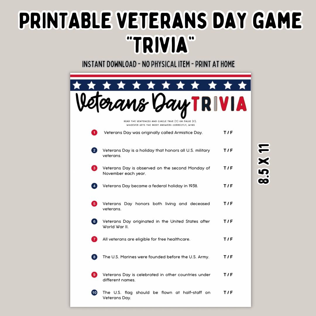 Veterans Day Trivia | Printable Veterans Day Games | Military | Veteran ...