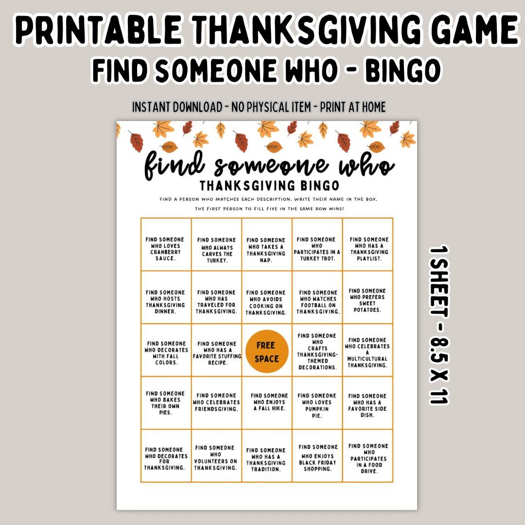 Thanksgiving Bingo | Conversation Starter | Find Someone Who | Family ...