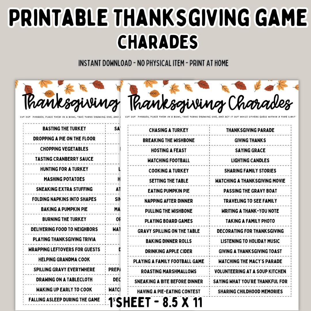 Charades Gratitude Activity for Thanksgiving Conversation Starter Game ...