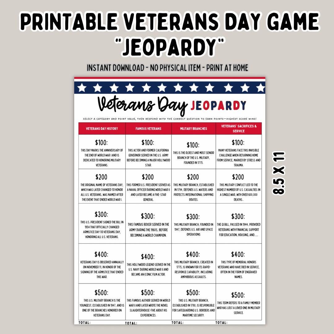 Veterans Day Jeopardy | Printable Veterans Day Games | Military ...