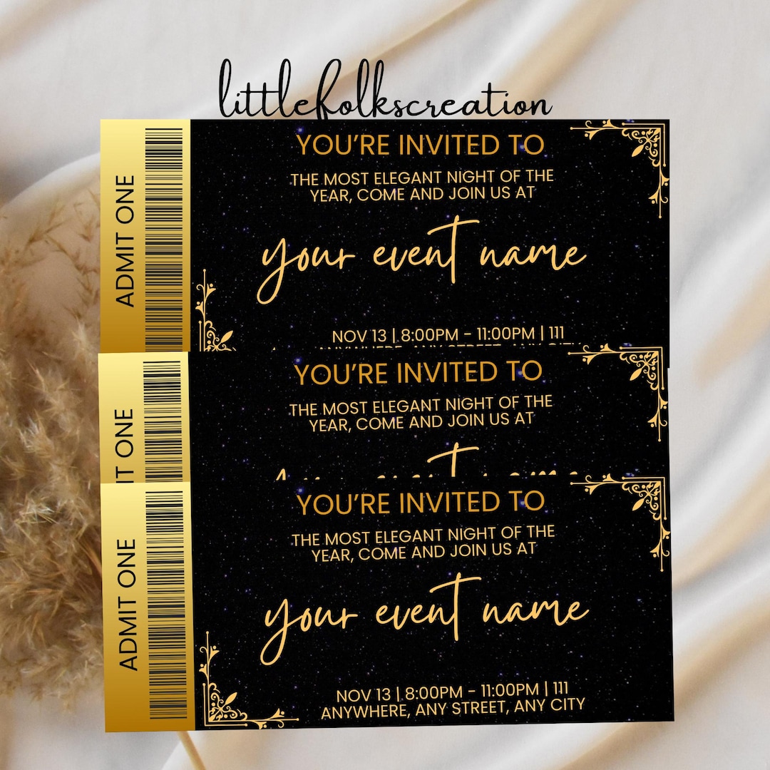 Golden Ticket Editable Template, Black and Gold Ticket Invitation, Event Tickets, Admit One ...