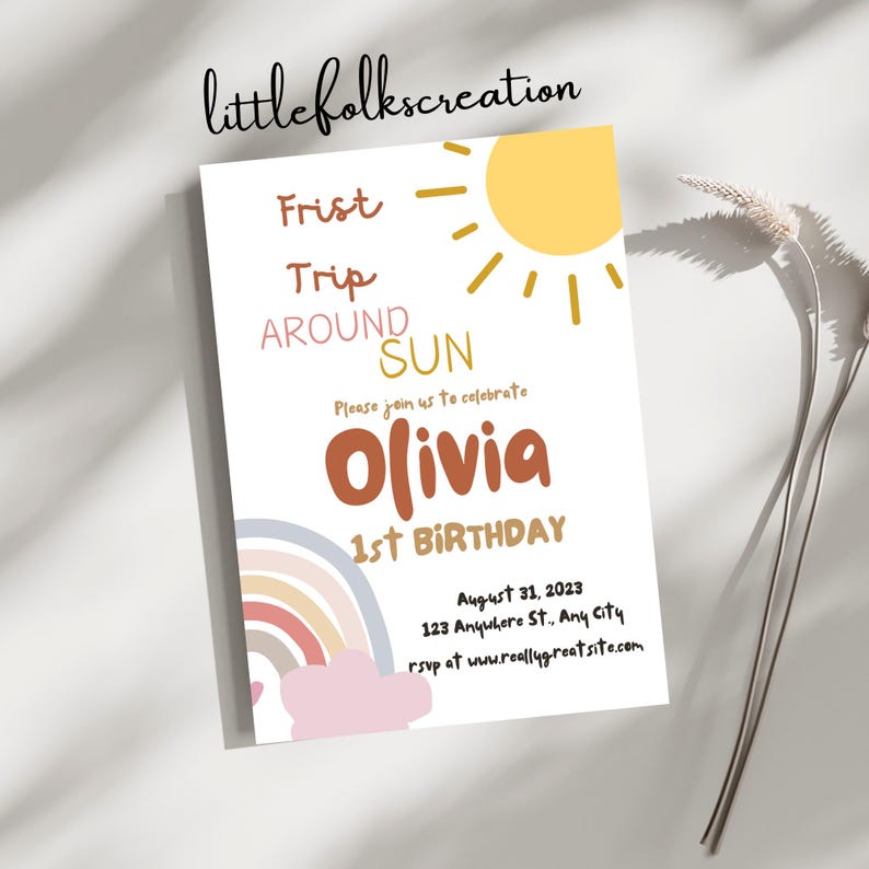 First Trip Around the Sun Birthday Invitation: Neutral Sunshine (canva ...
