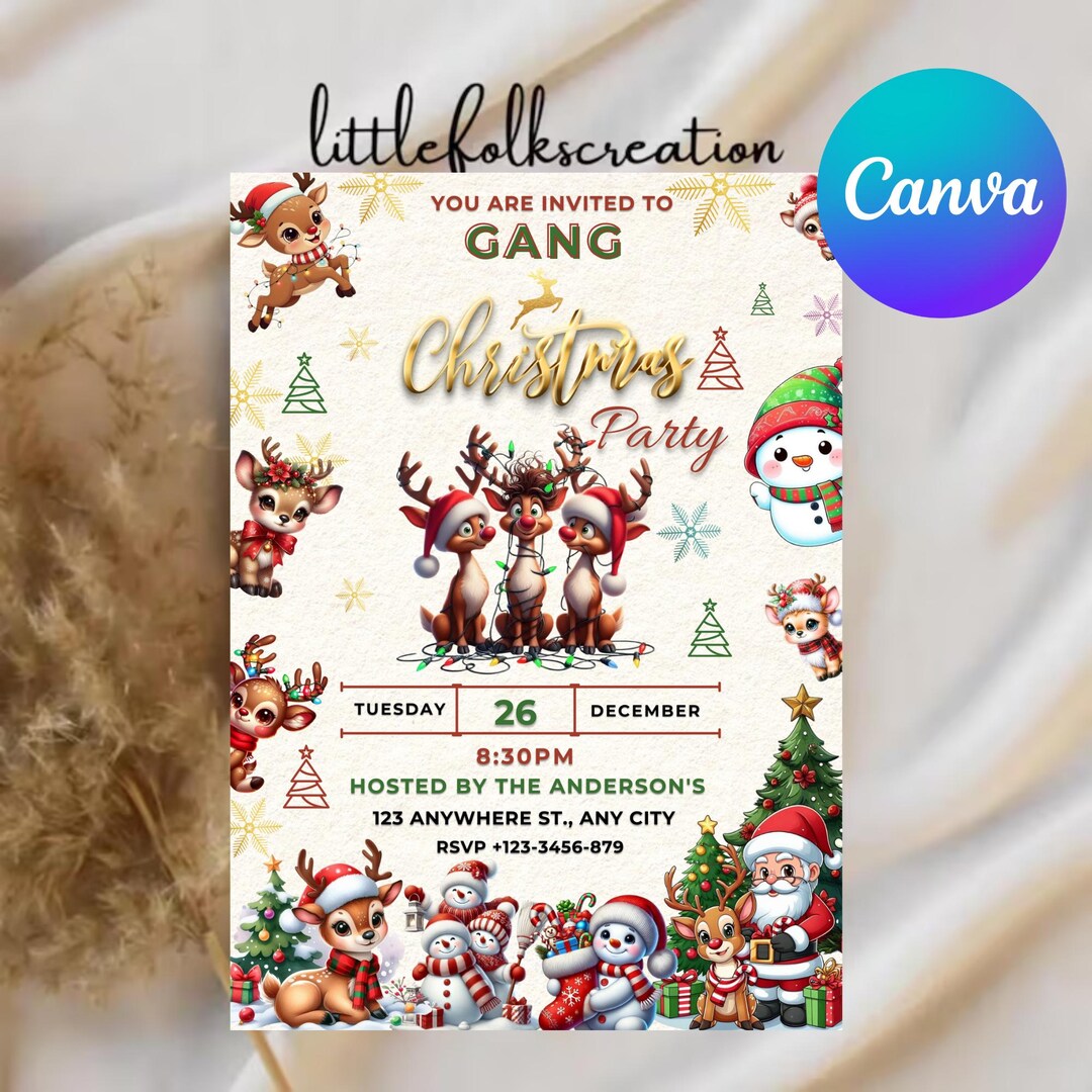 Editable Reindeer Christmas Party Invitation, We're Rounding up the ...