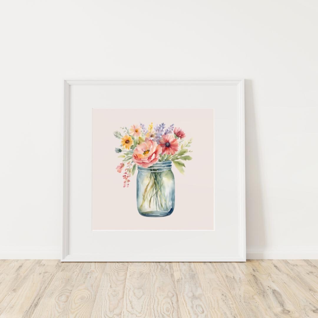 Mason Jar Wildflower Bouquet Watercolor Downloadable Print - Etsy