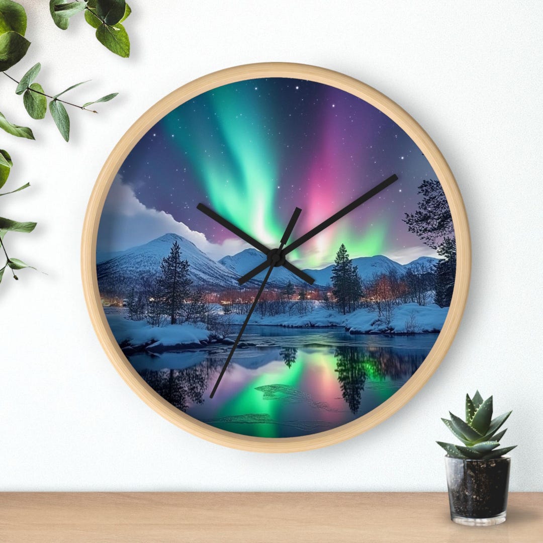 Personalized Northern Lights Wall Clock Aurora Borealis Decor Unique ...